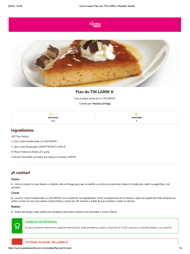 Cómo Hacer Flan Con TIN LARIN - Recetas Nestlé | PDF