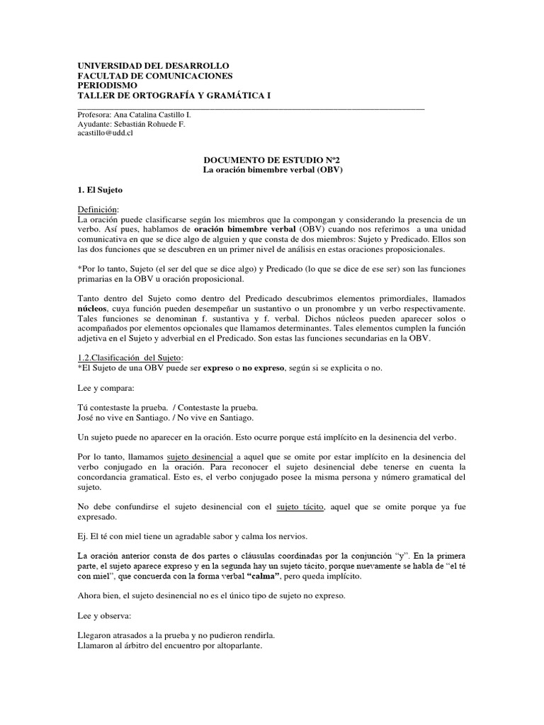 La Oración Bimembre Verbal (OBV) | PDF | Asunto (gramática) | Verbo