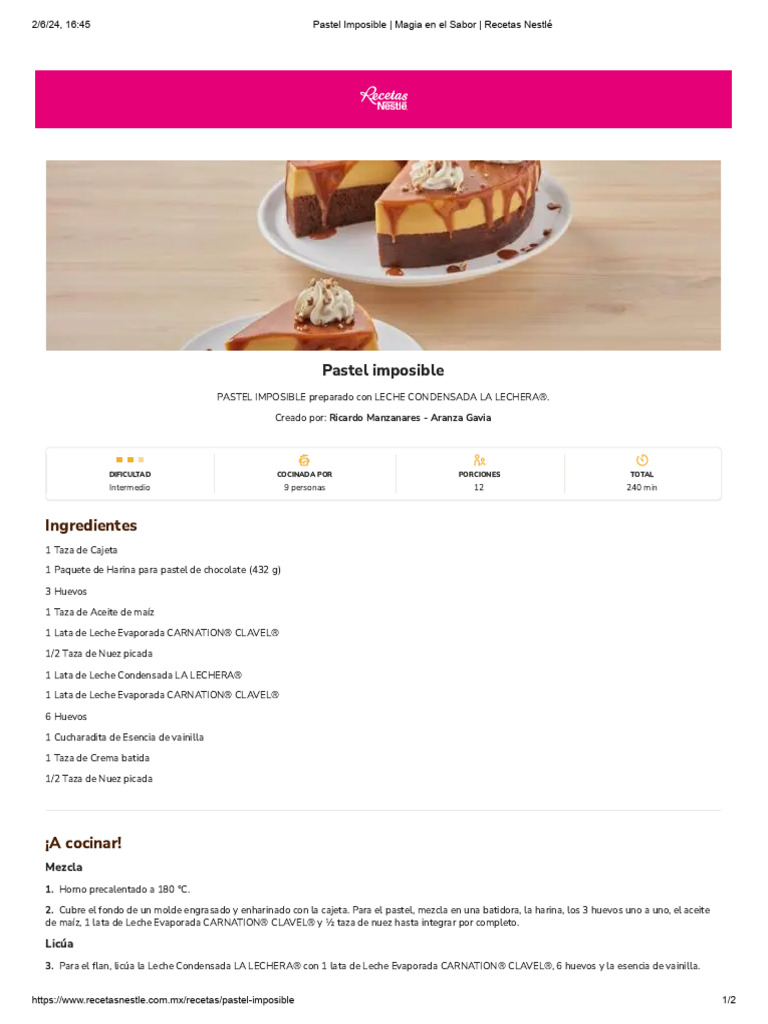 Pastel Imposible - Magia en El Sabor - Recetas Nestlé | PDF | Cocina ...