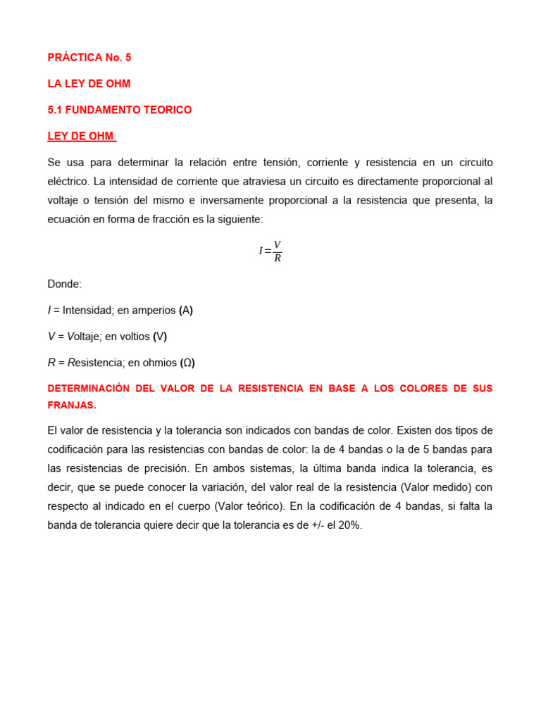 Practica 5 Ley de Ohm | PDF | Resistencia Eléctrica y Conductancia | voltaje