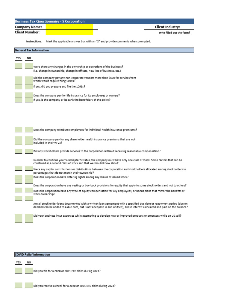 S Corporation Business Tax Questionnaire | PDF | Stocks | Insurance