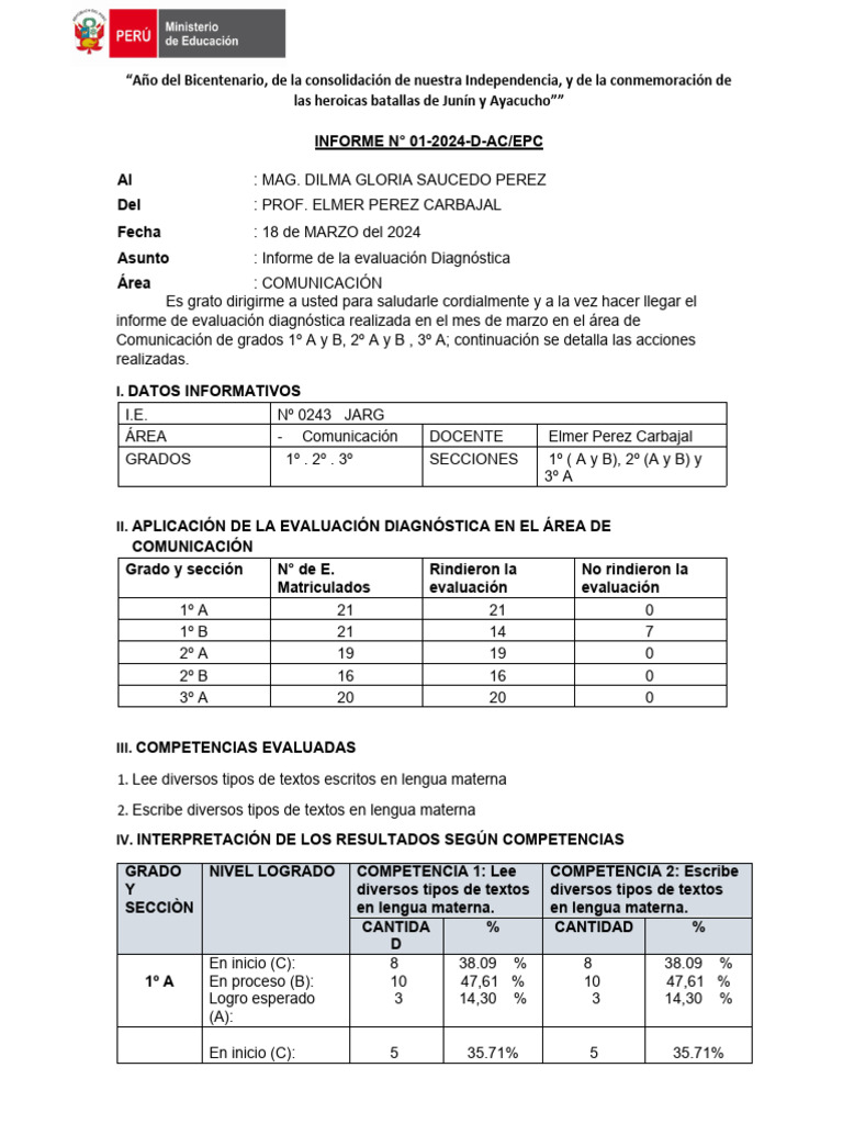 Informe Evaluacion Diagnostica 2024 Com - Elmer | PDF | Cognición | Aprendizaje