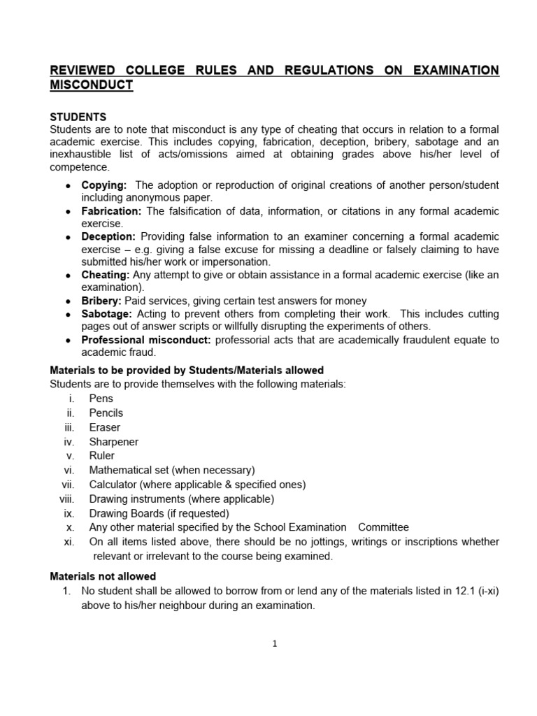Rules and Regulations On Examination Misconduct | PDF | Academic Dishonesty