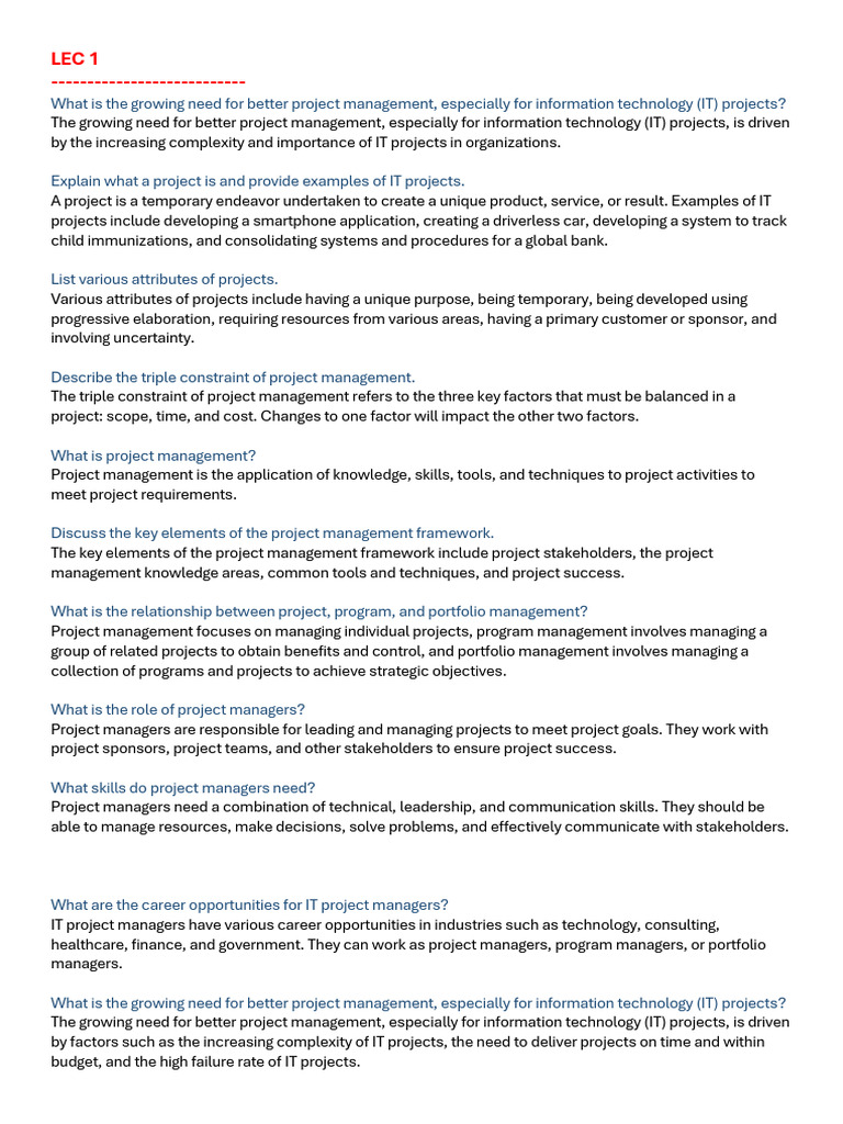 PM Q Summary Lec1 - 2 | PDF | Project Management | Agile Software Development