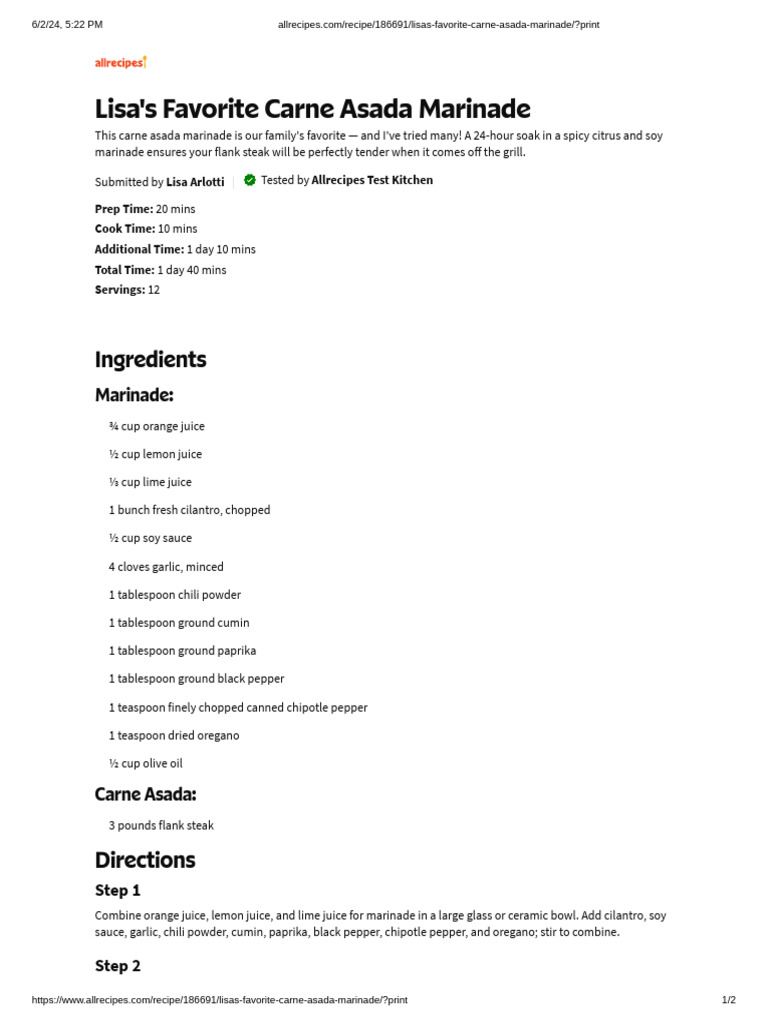 Recipe 186691 Lisas-Favorite-Carne-Asada-Marinade Print | PDF | Steak ...