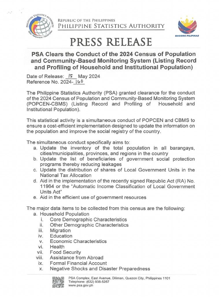 Press Release - 2024 POPCEN-CBMS HPQ and ILQ - 0 | PDF