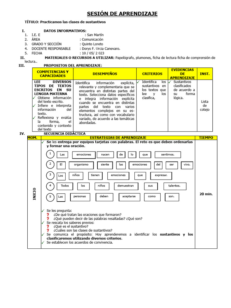 Practicamos Las Clases de Sustantivos | PDF | Aprendizaje | Pedagogía
