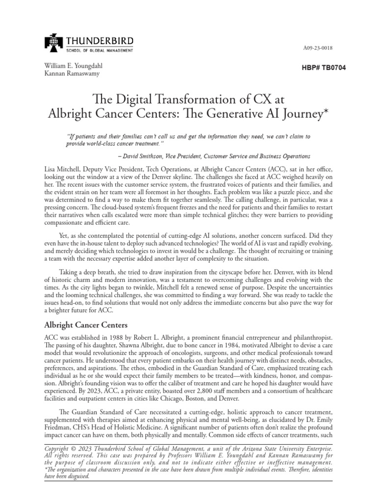 Caso The Digital Transformation of CX at Albrigh Cancer Centers - The Generative AI Journey ...