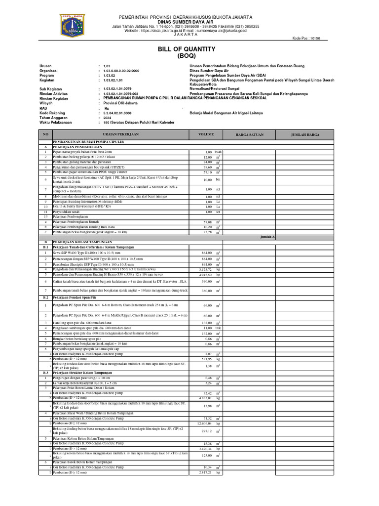 BOQ Pembangunan Rumah Pompa Cipulir | PDF