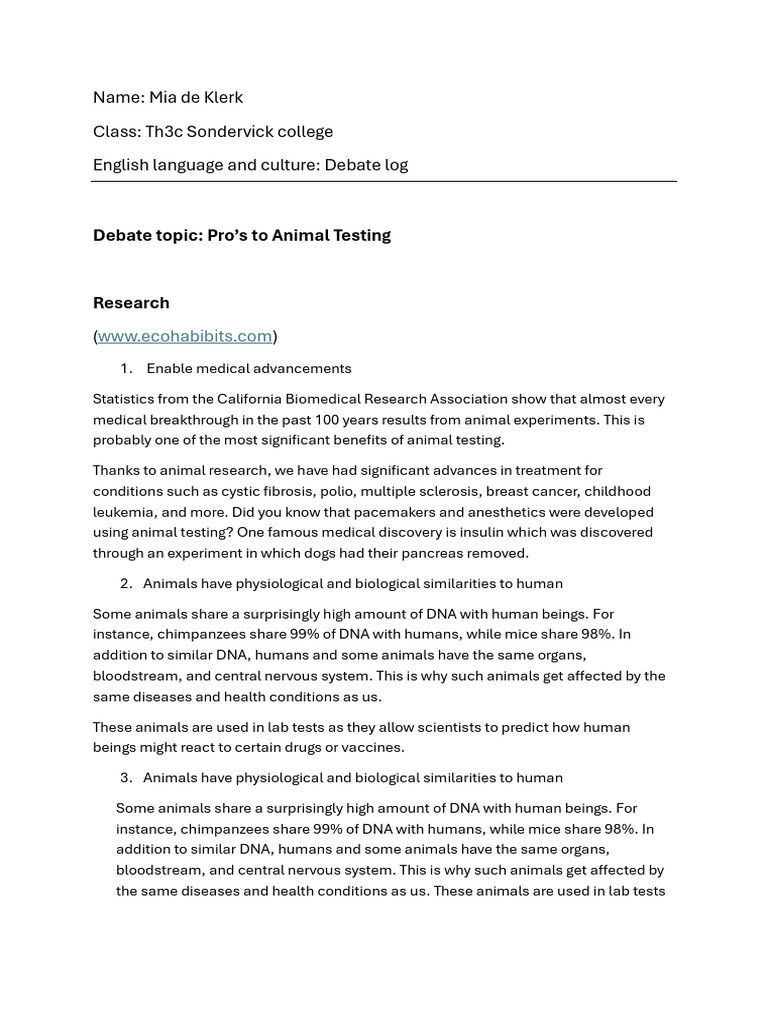 debate log - pros to animal testing | PDF | Animal Testing | Human