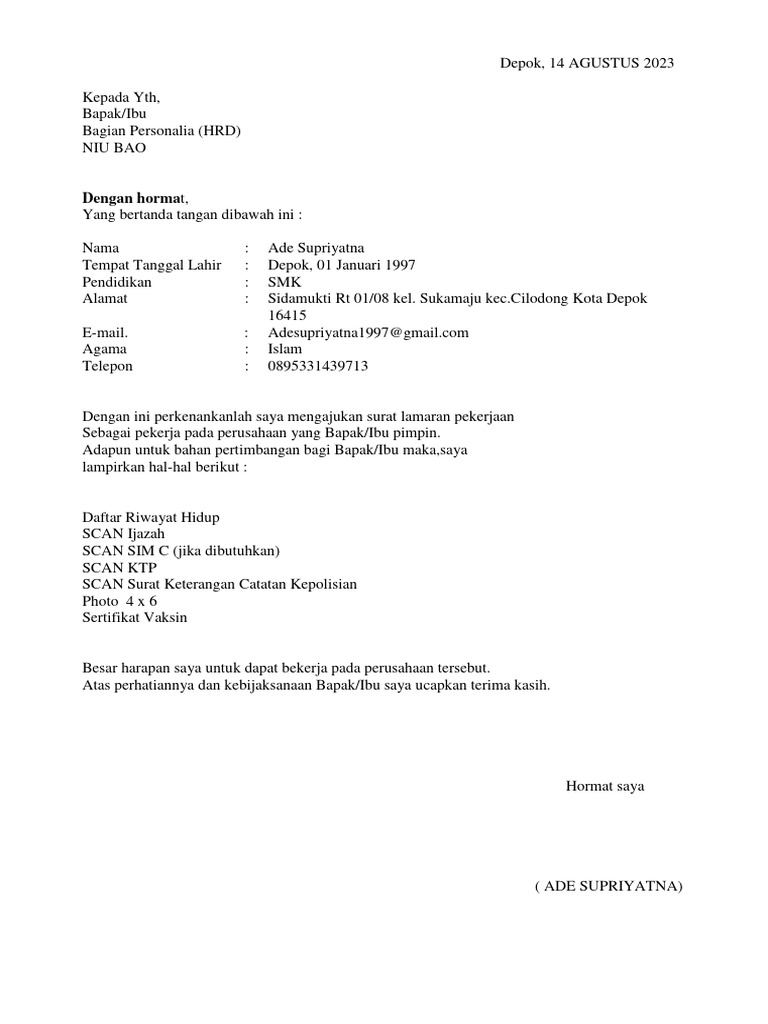 CV Ade Supriyatna Niu Bao | PDF