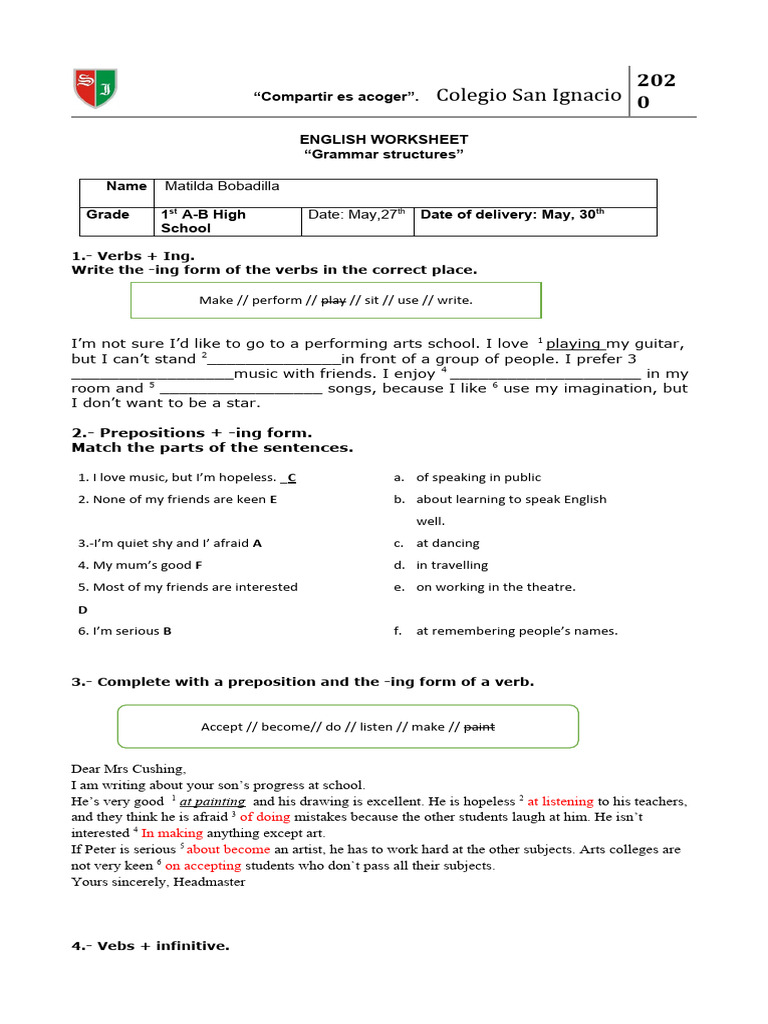 English Grammar Worksheet: Verbs & Prepositions | PDF | Syntax | Grammar