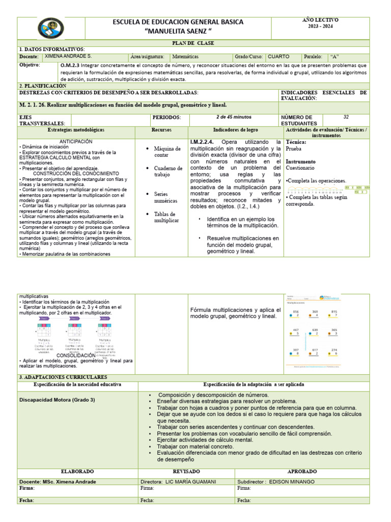 Plan de Clase de Matematicas | PDF | Multiplicación | Geometría