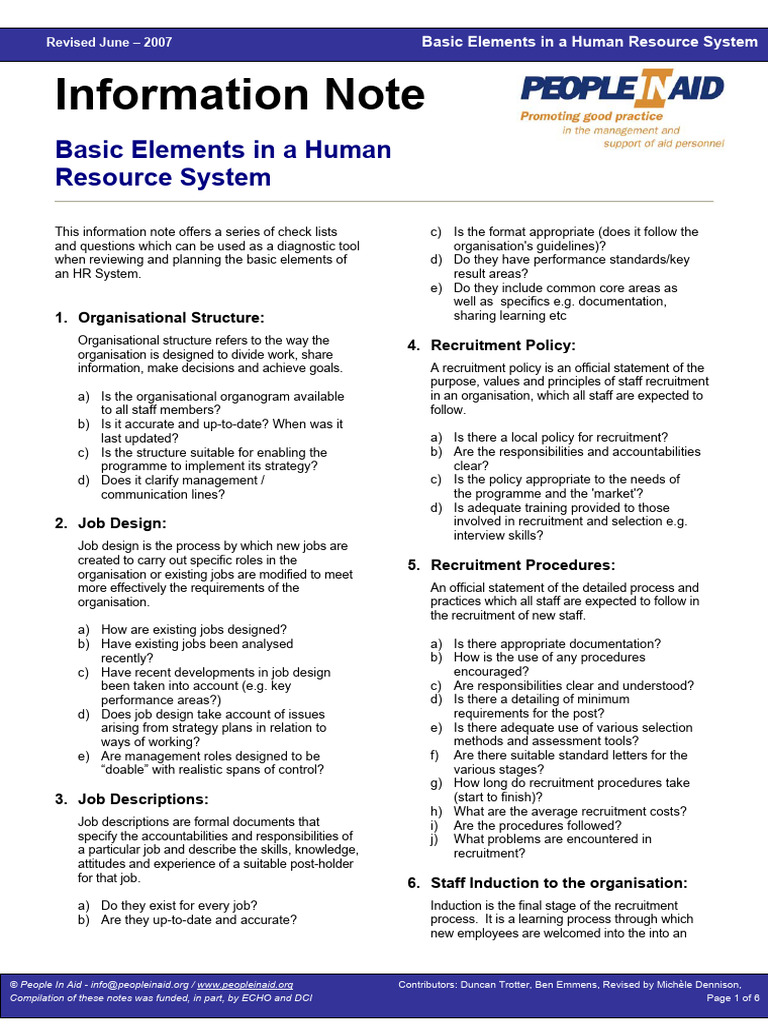 People in Aid 2007 Information Note Human Resources | PDF | Recruitment ...