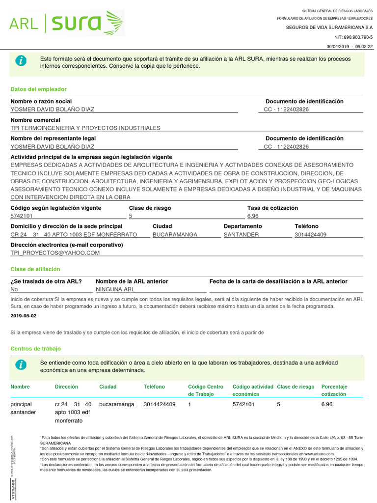 Formulario Afiliacion Arl Sura | PDF | Derecho laboral | Business
