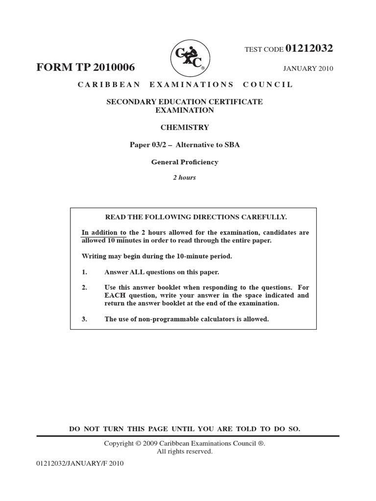 CSEC Chemistry January 2010 P032 | PDF | Aqueous Solution | Chemical ...