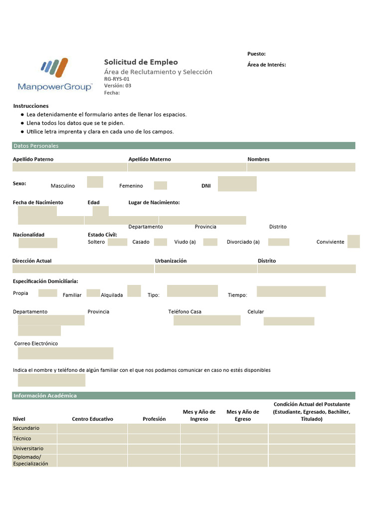 SOLICITUD DE EMPLEO | Descargar gratis PDF | Documento de identidad