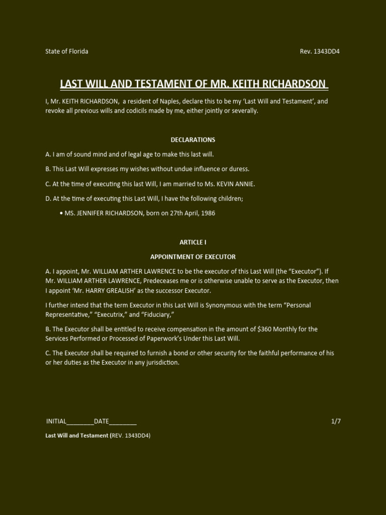 Florida Last Will of Keith Richardson | PDF | Will And Testament | Executor