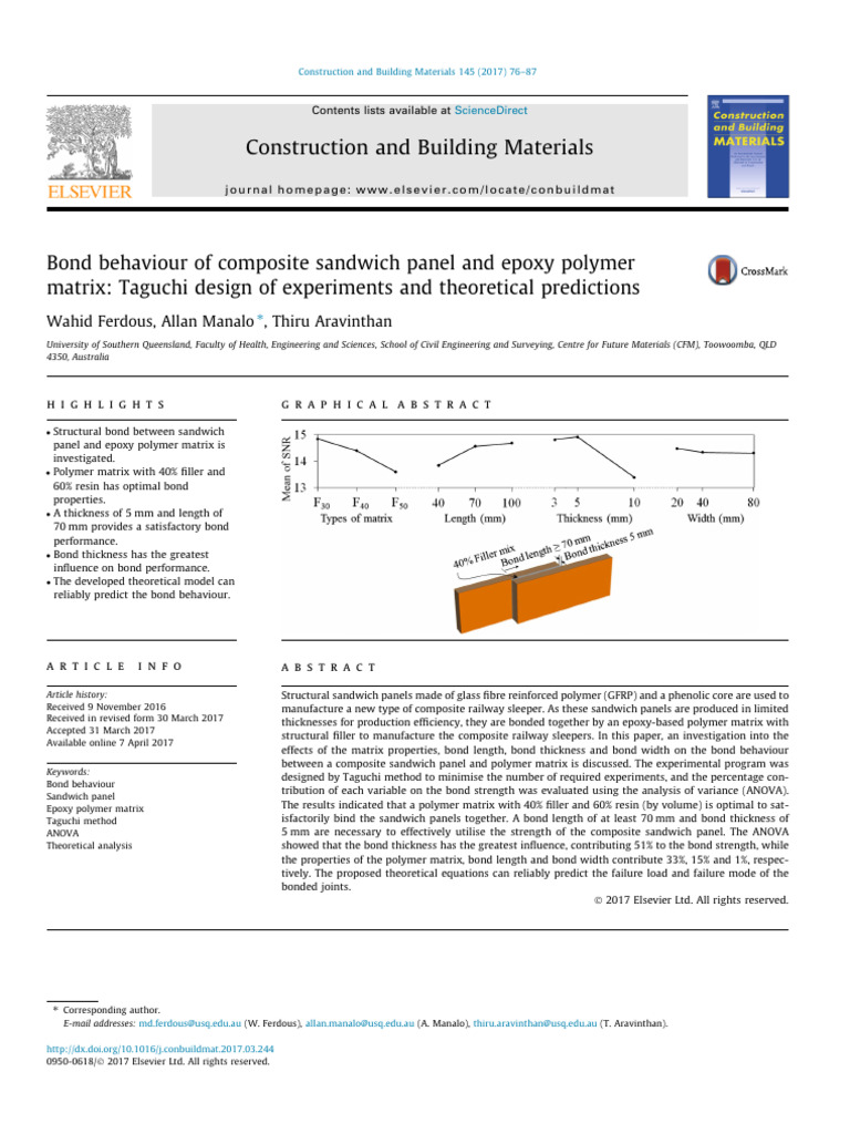 Bond behaviour of composite sandwich panel and epoxy polymer matrix ...