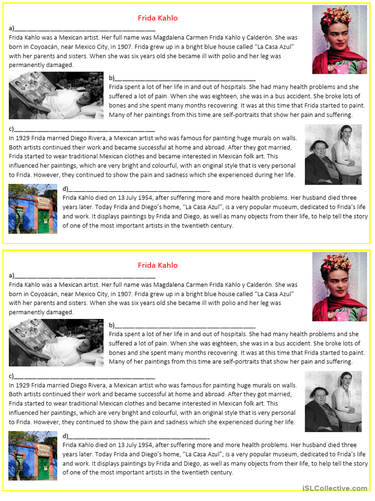 Frida Kahlo's Biography - PART 1 - Reading Comprehension | PDF