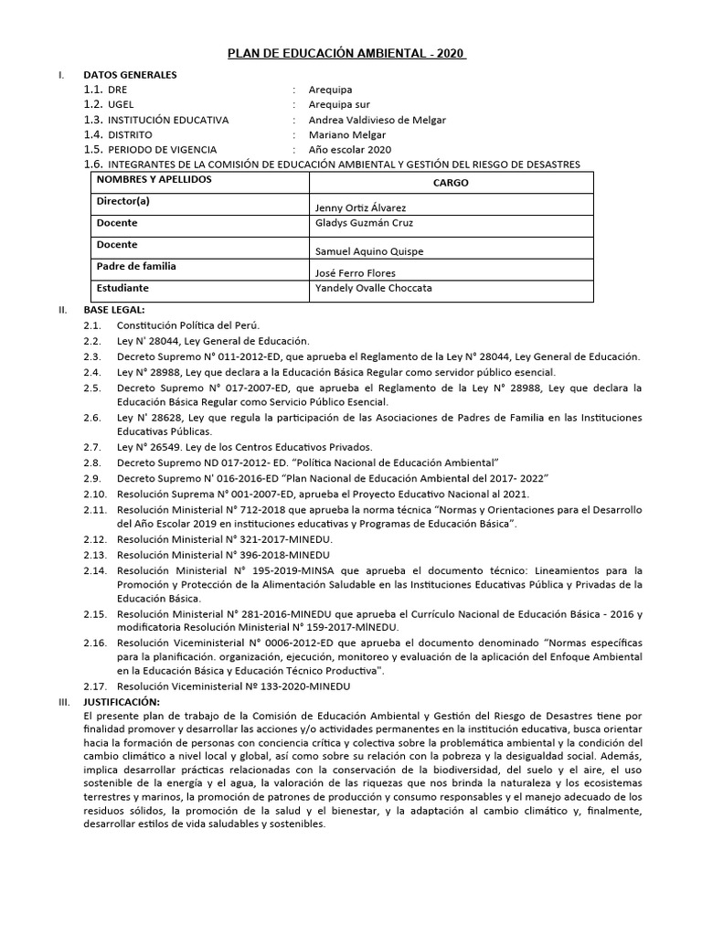 PLAN DE EDUCACIÓN AMBIENTAL 2020 fINAL | PDF | Desarrollo sostenible ...