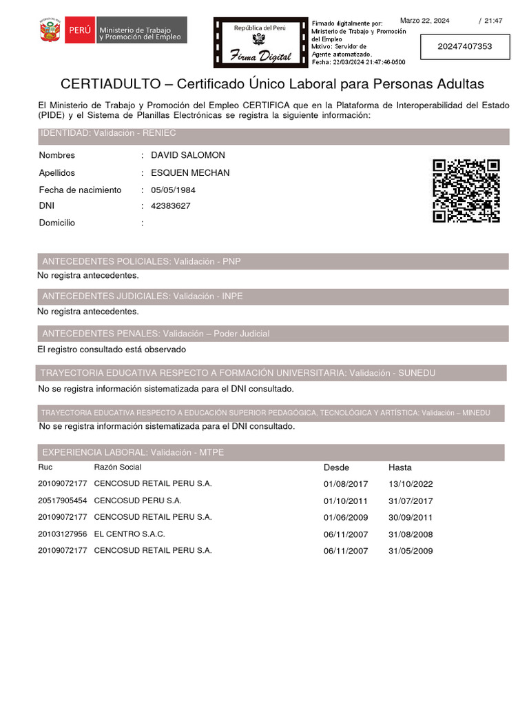 Certificado Único Laboral para Adultos | PDF | Documento de identidad ...