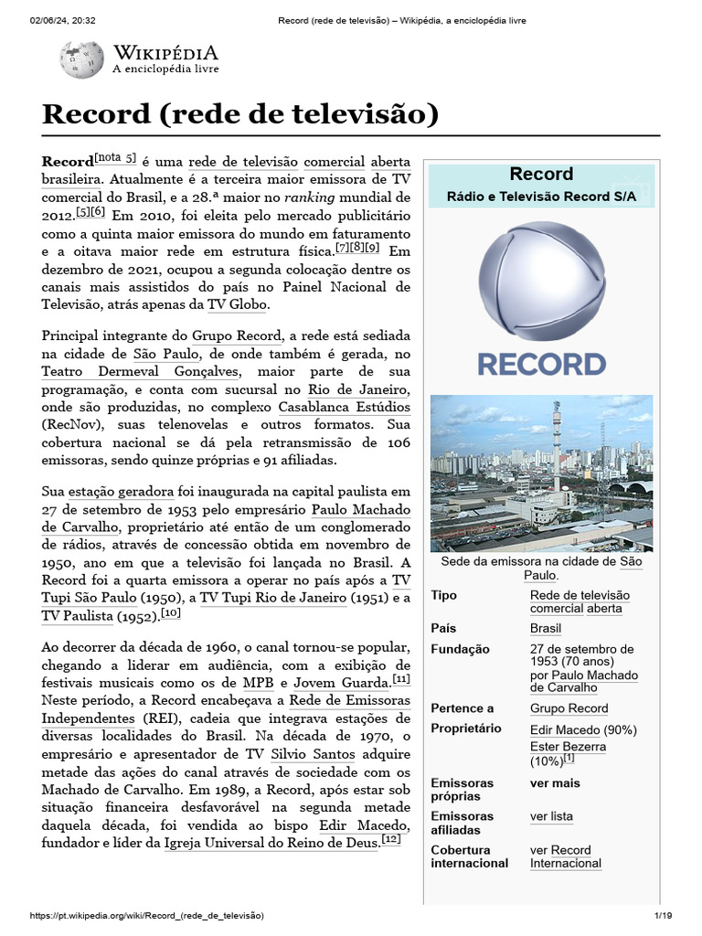 Record (Rede de Televisão) - Wikipédia, A Enciclopédia Livre | PDF