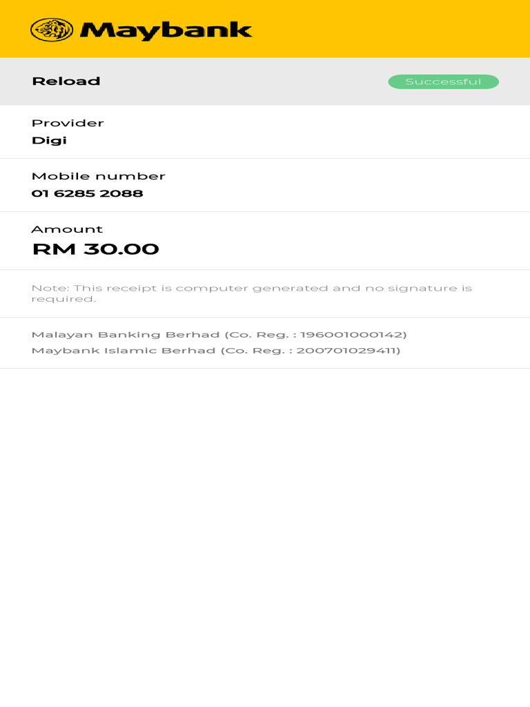 Digi Mobile Reload Receipt RM 30 | PDF