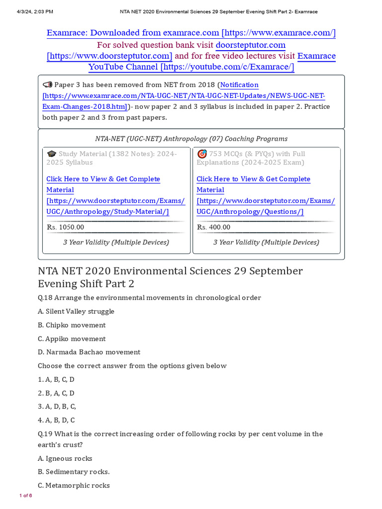 NTA NET 2020 Enviro Sci Exam Prep | PDF | Earth Sciences | Nature