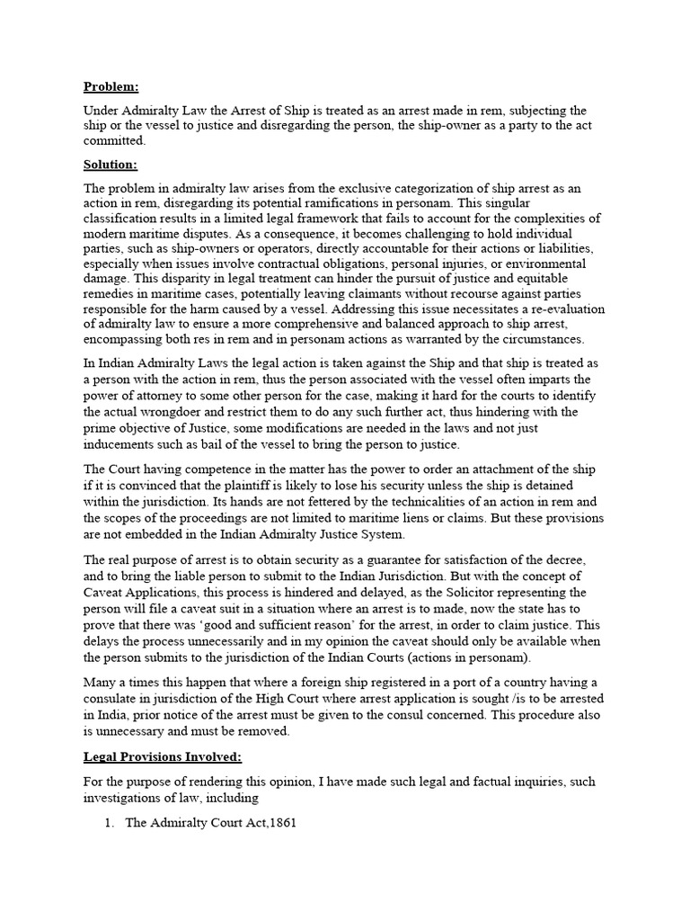 Problem-Solution (Arrest of A Ship) | PDF | In Rem Jurisdiction ...
