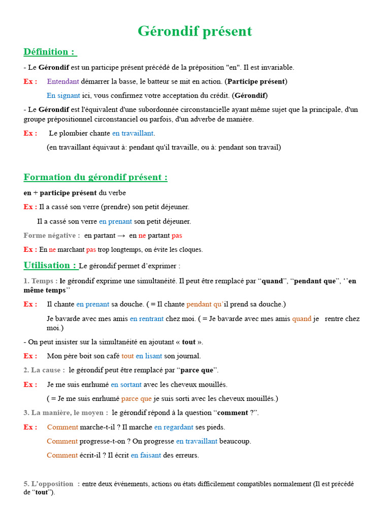 Gérondif présent : définition et exercices | PDF | Linguistique | Syntaxe