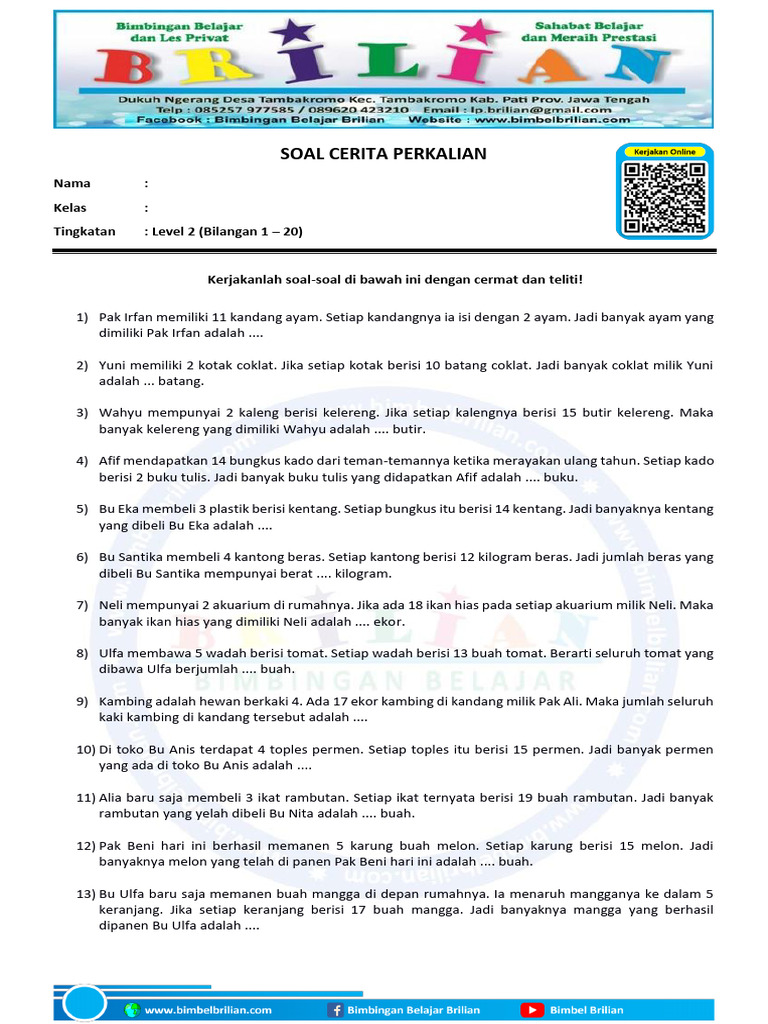 Soal Cerita Perkalian Kelas 2 Level 2 | PDF