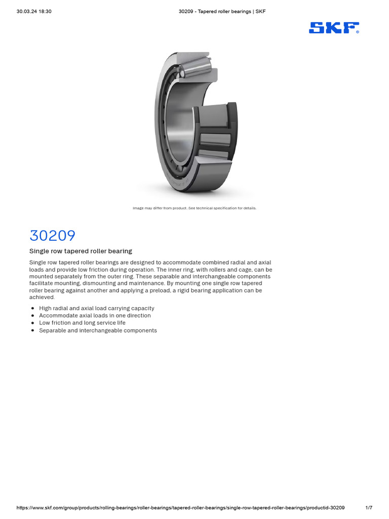 SKF 30209 Tapered Roller Bearing Specs | PDF | Bearing (Mechanical ...