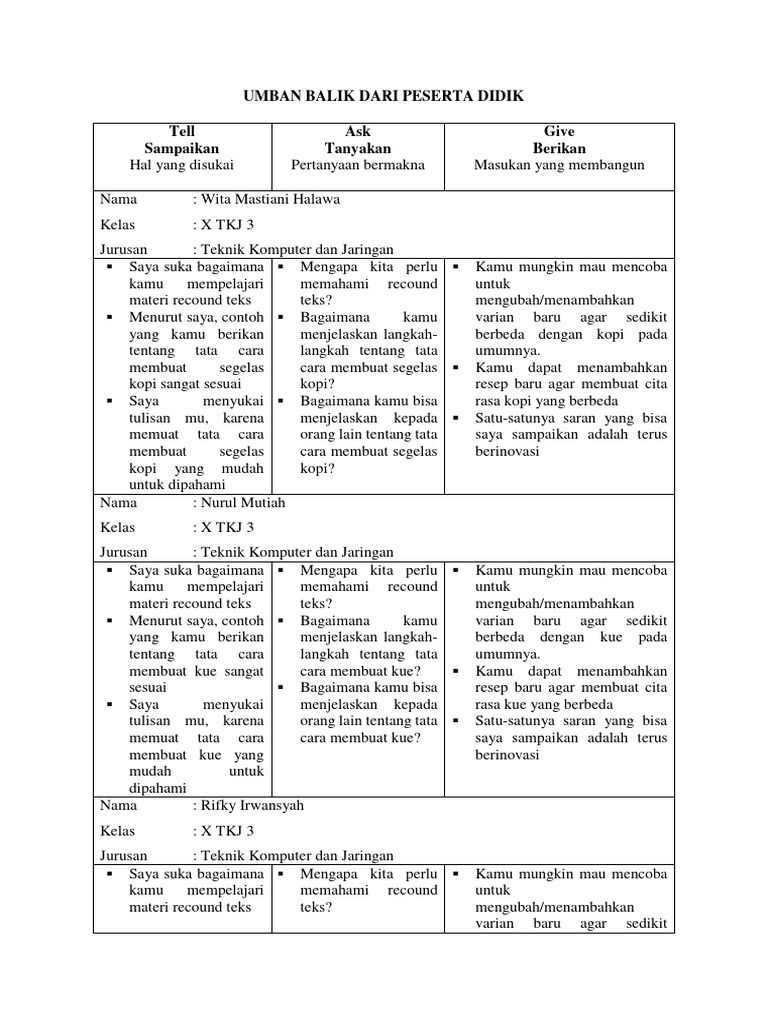Umban Balik Peserta Didik | PDF