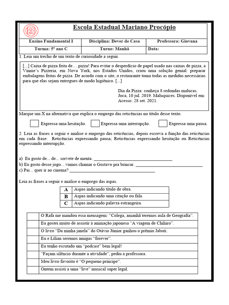 Dever de Português - Aspas e Reticencias | PDF | Jogos e Atividades ...