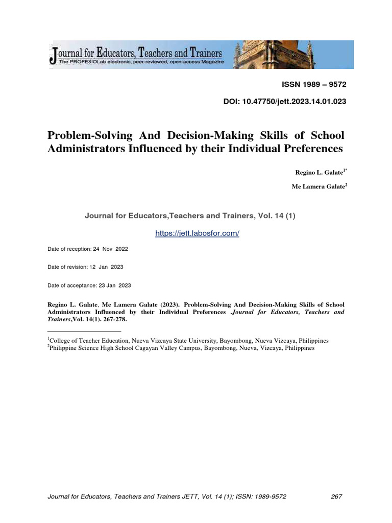 Problem-Solving and Decision-Making Skills of School Administrators Influenced by Their ...