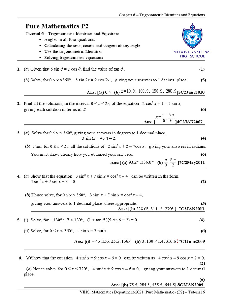 P2 - Tutorial 6 - Trigonometric Identities and Equations | Download ...