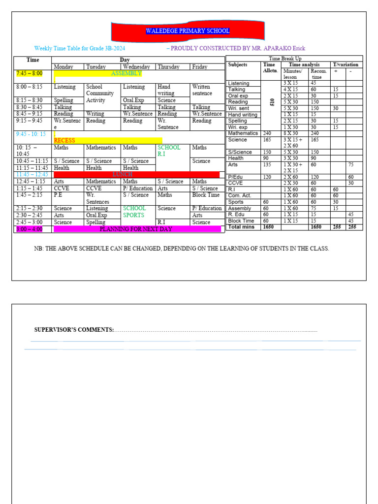 Weekly Time Table For Grade 3B | PDF | Science