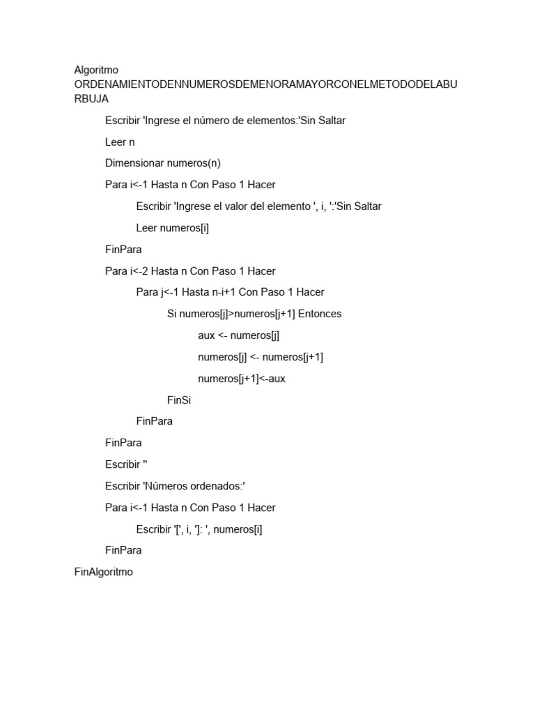 Funcionamiento Del Pseudocodigo Ordenamiento de N Números de Menor A Mayor Con El Método de La ...