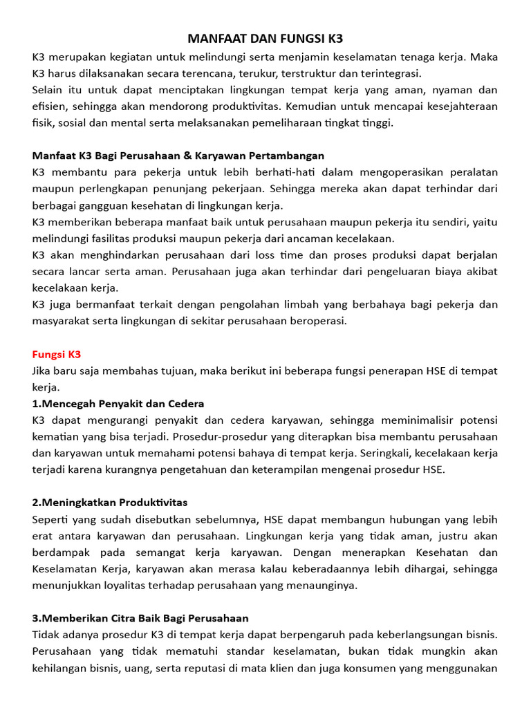 Manfaat Dan Fungsi K3 | PDF | Bisnis