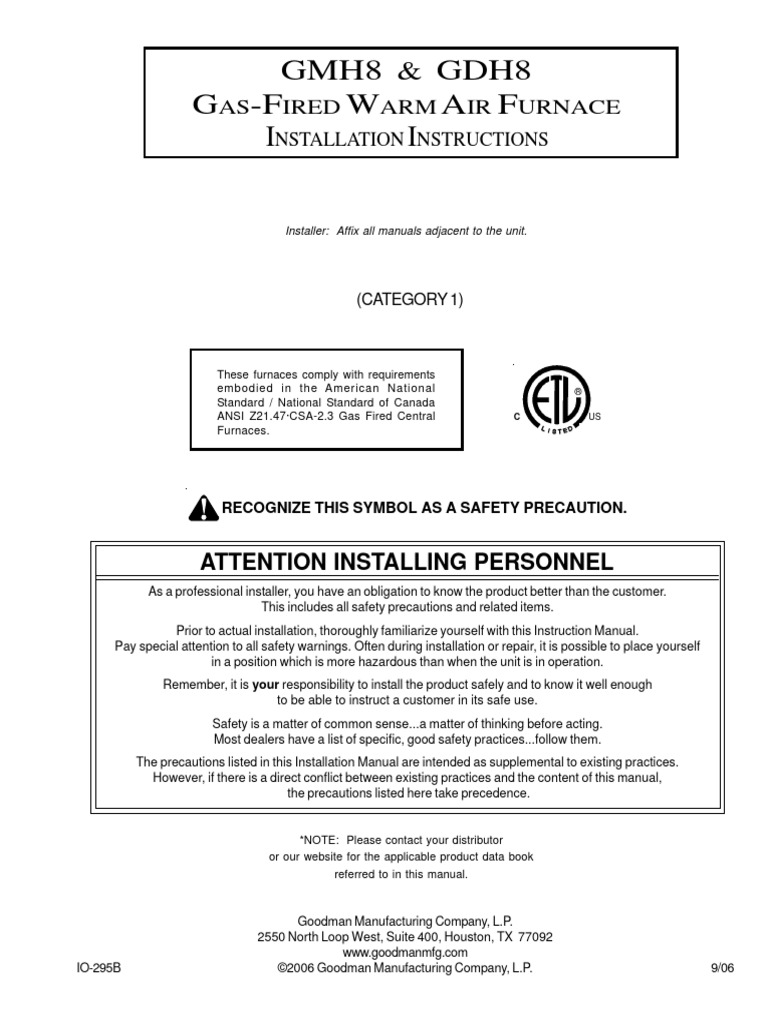 Goodman GMH8 GDH8 DualSaver Gas Furnace Installation Instructions | PDF ...
