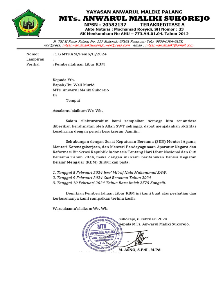 Pemberitahuan Libur KBM MTs Anwarul Maliki | PDF | Pengelolaan Keuangan ...