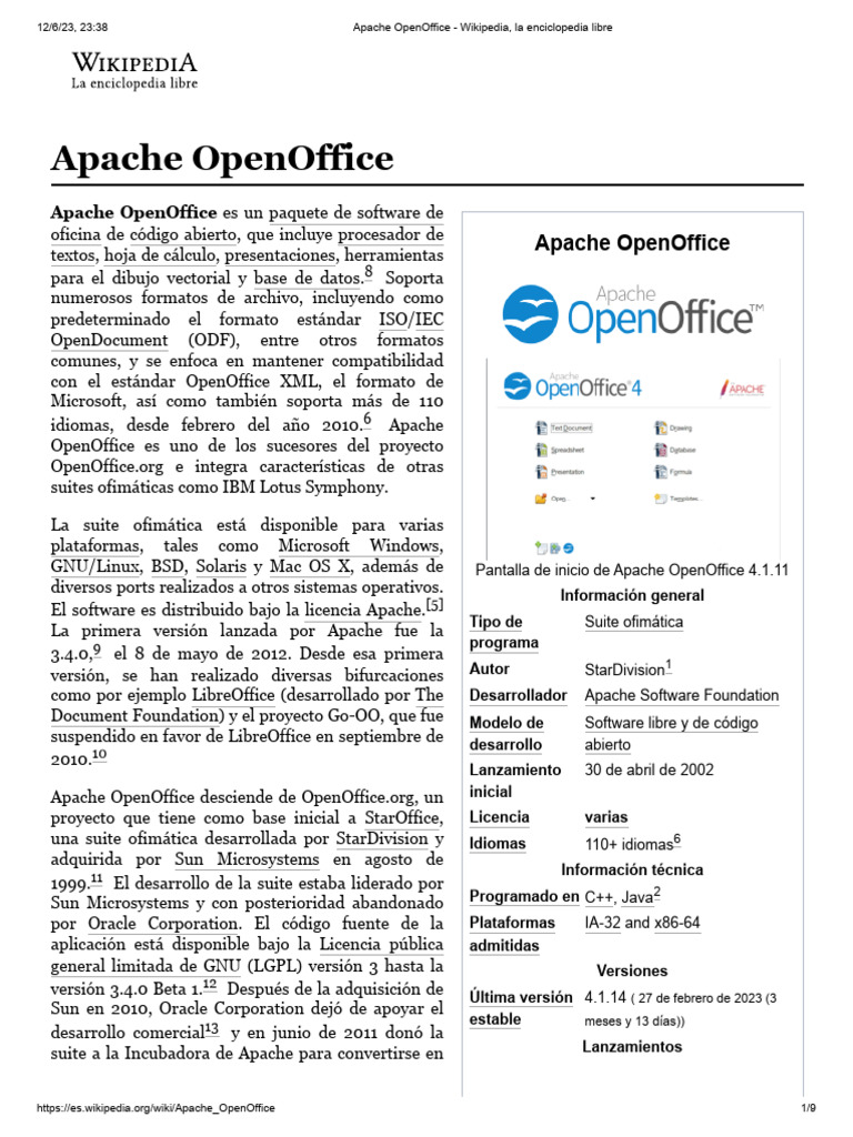 Apache OpenOffice - Wikipedia, La Enciclopedia Libre | PDF | Software | Software de la aplicacion