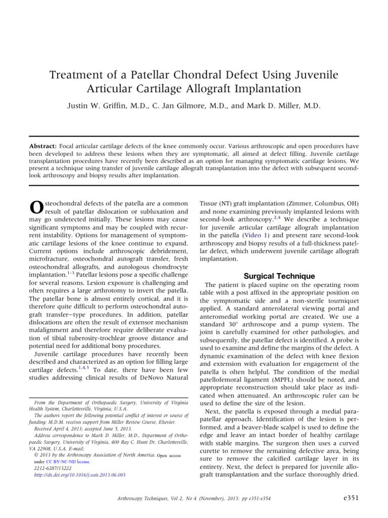 Treatment of A Patellar Chondral Defect Using Juve | PDF | Knee ...