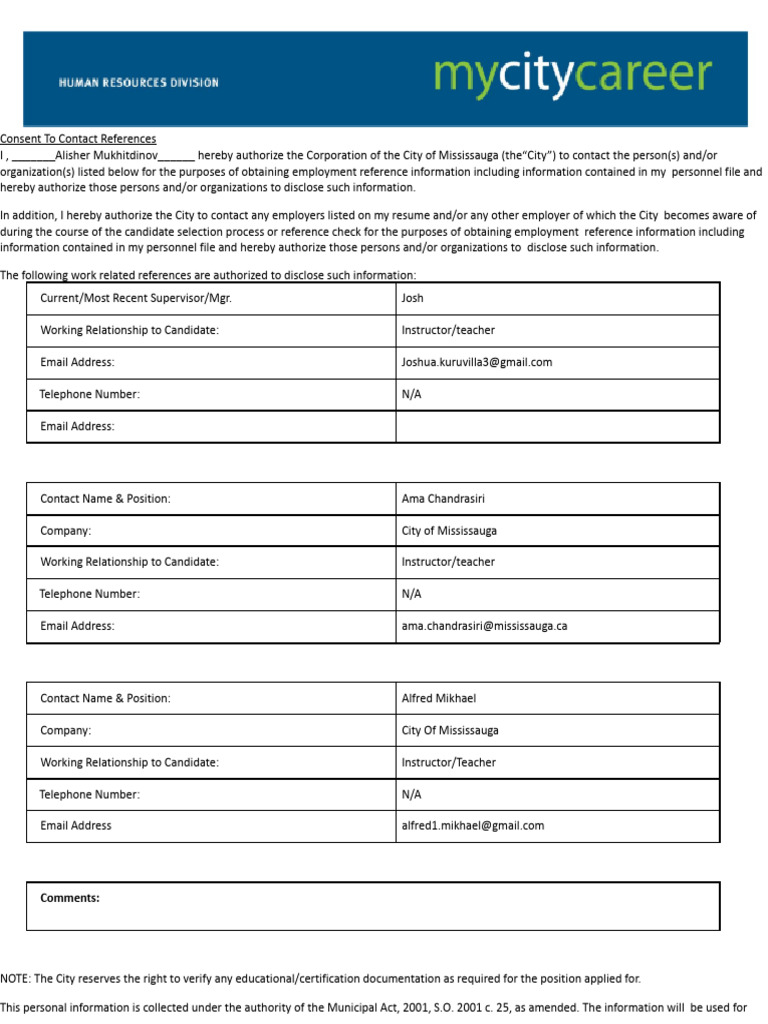 Consent To Contact References Form | PDF