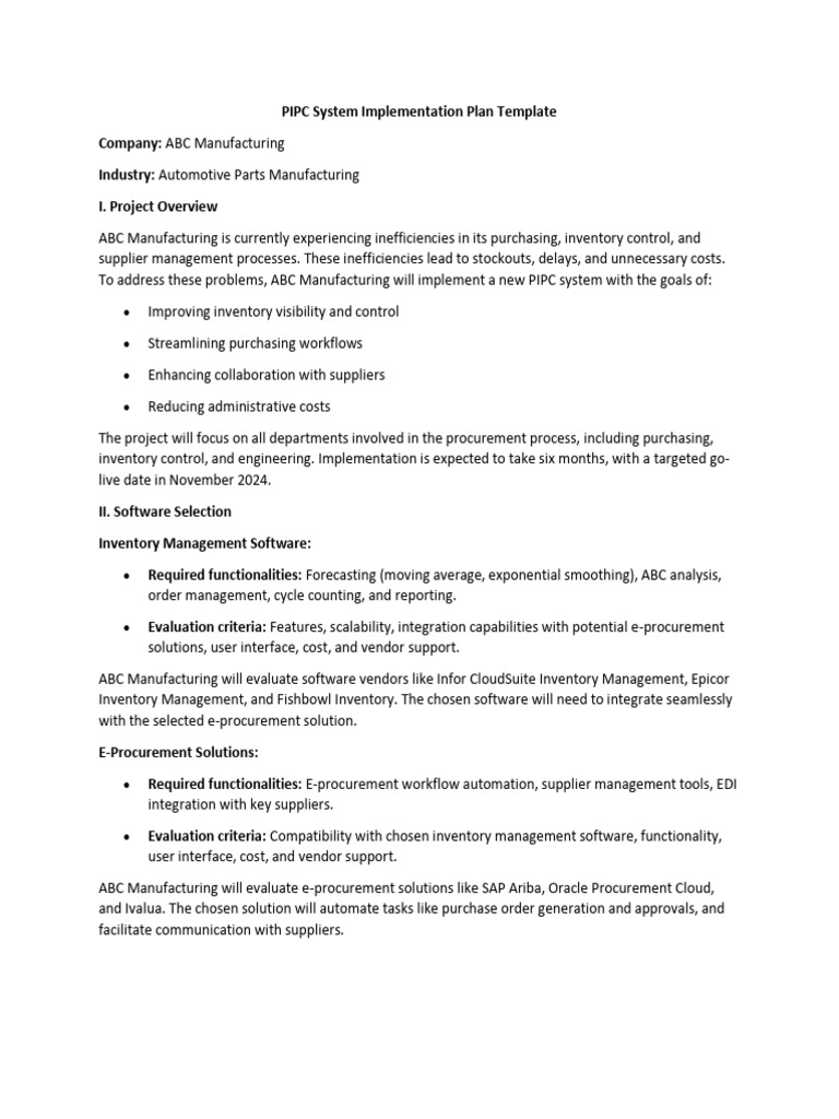 PIPC System Implementation Plan - SAMPLE | PDF | Inventory | Supply Chain