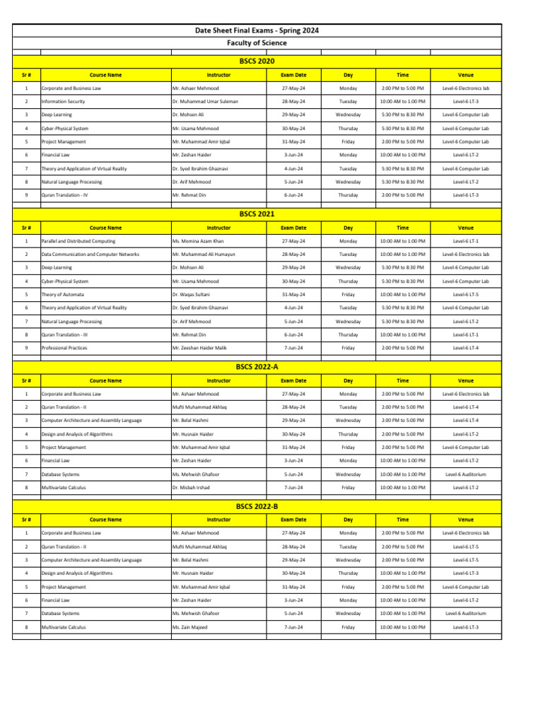 Date Sheet Final Exams Spring 2024 FOS | Download Free PDF | Computing | Applied Mathematics