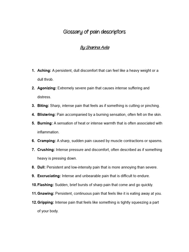 Pain Descriptors Glossary | PDF | Pain | Paresthesia