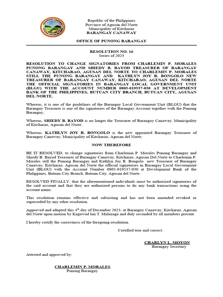 Resolution 16 Change Signatories | PDF