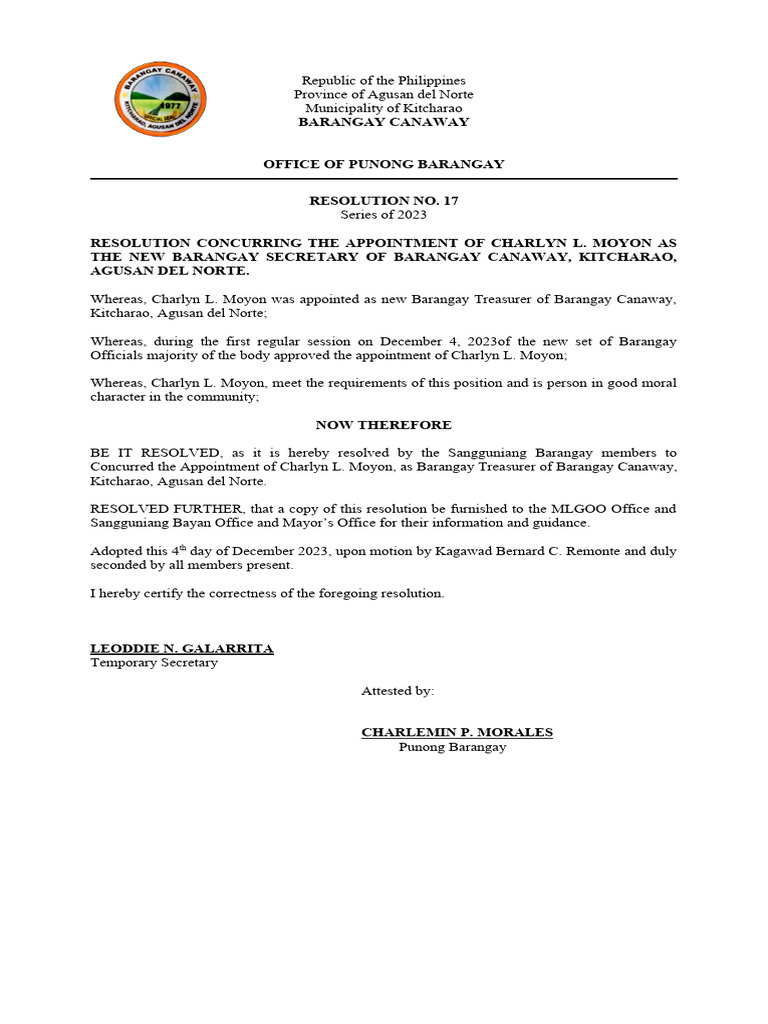 Resolution 17concurring Brgy Secretary | PDF | Philippines | Government